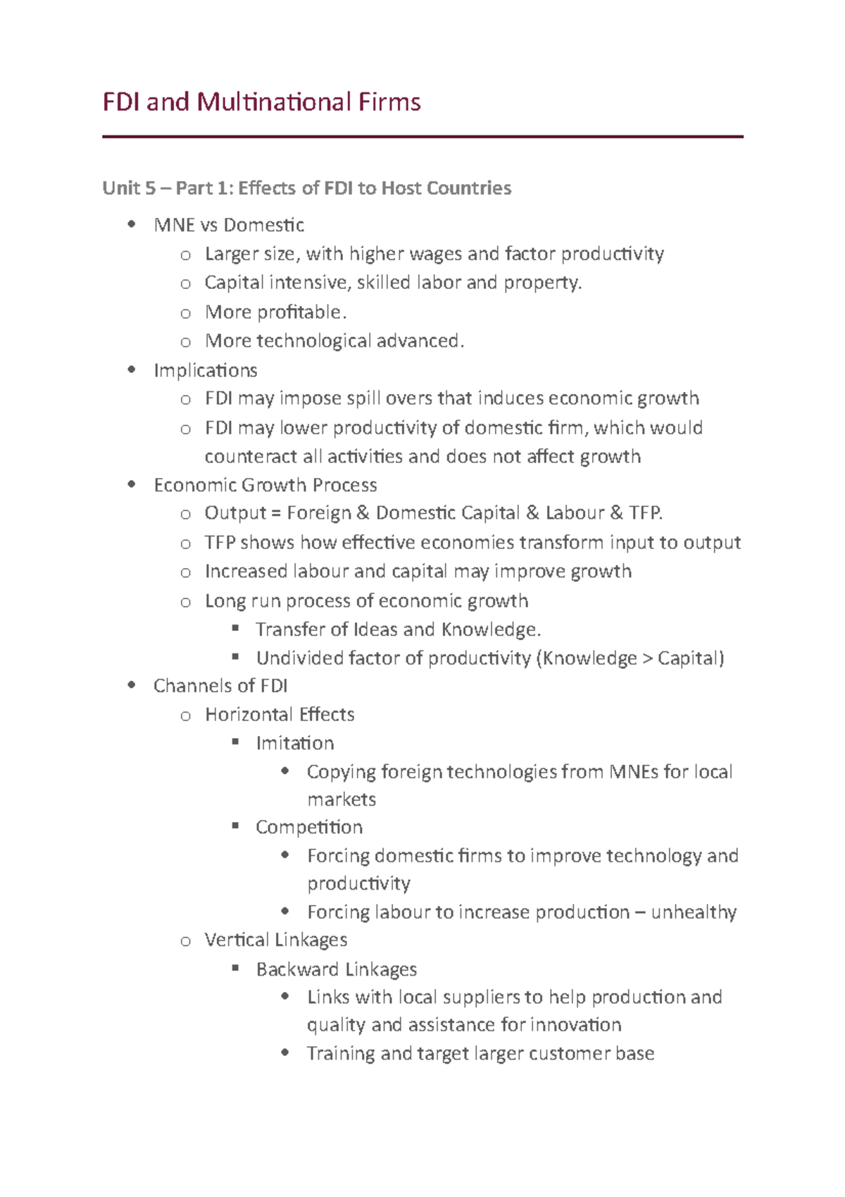 Unit 5 - Lecture notes 5 - FDI and Multinational Firms Unit 5 – Part 1 ...