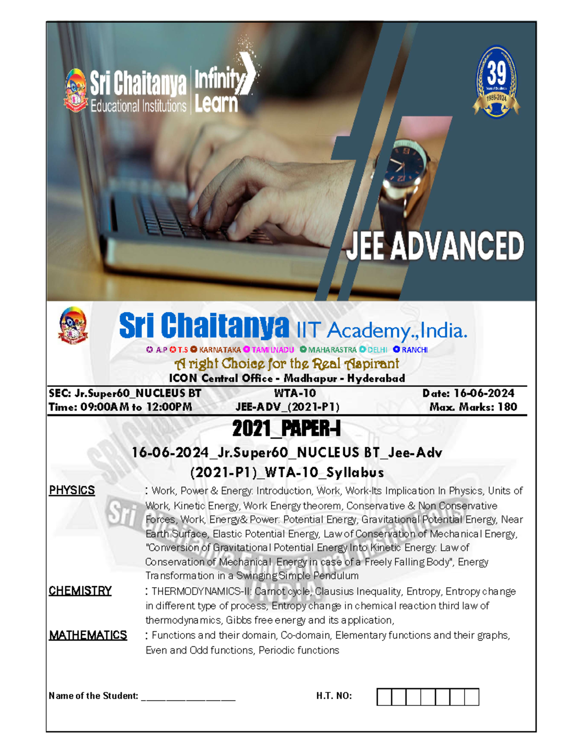 16 06 2024 Jr Super 60 Nucleus BT Jee Adv2021 P1 WTA 10 Q Paper - Sri ...