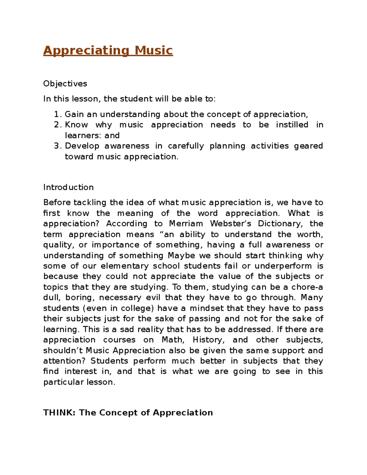 Lesson 2 Appreciating Music - Appreciating Music Objectives In this ...