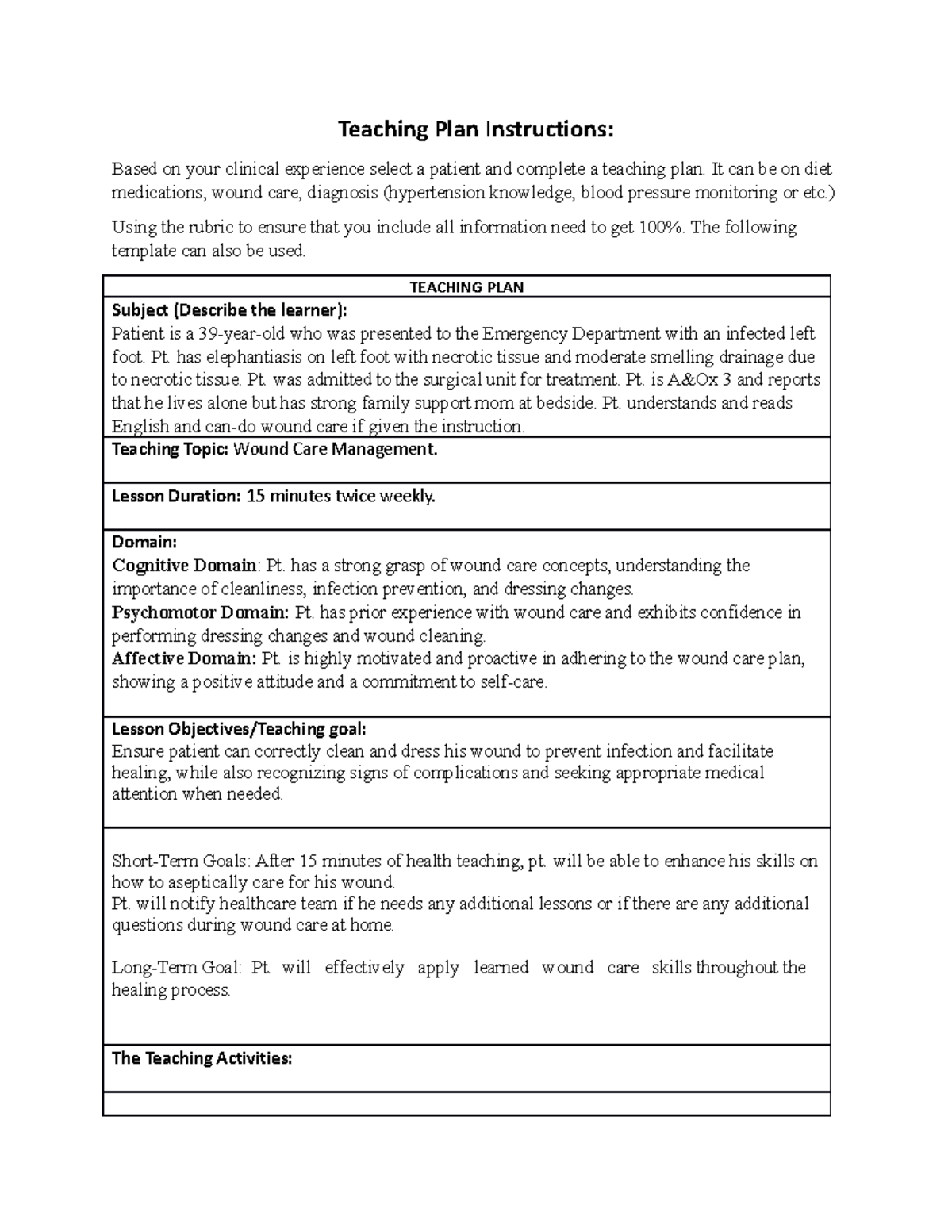 NUR314C Teaching Plan - Teaching Plan Instructions: Based on your ...
