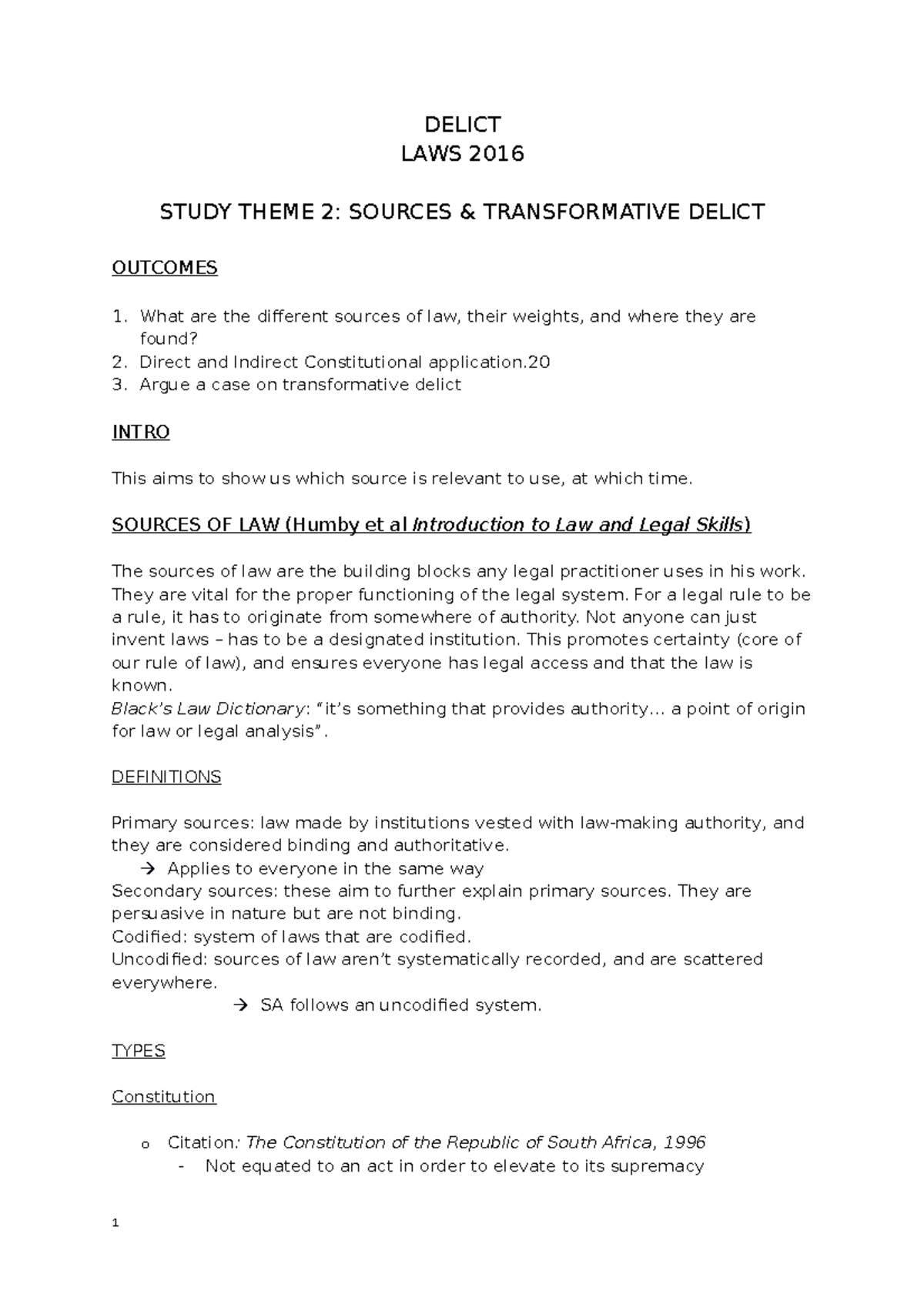 2019 Theme 2 Summary - DELICT LAWS 2016 STUDY THEME 2: SOURCES ...