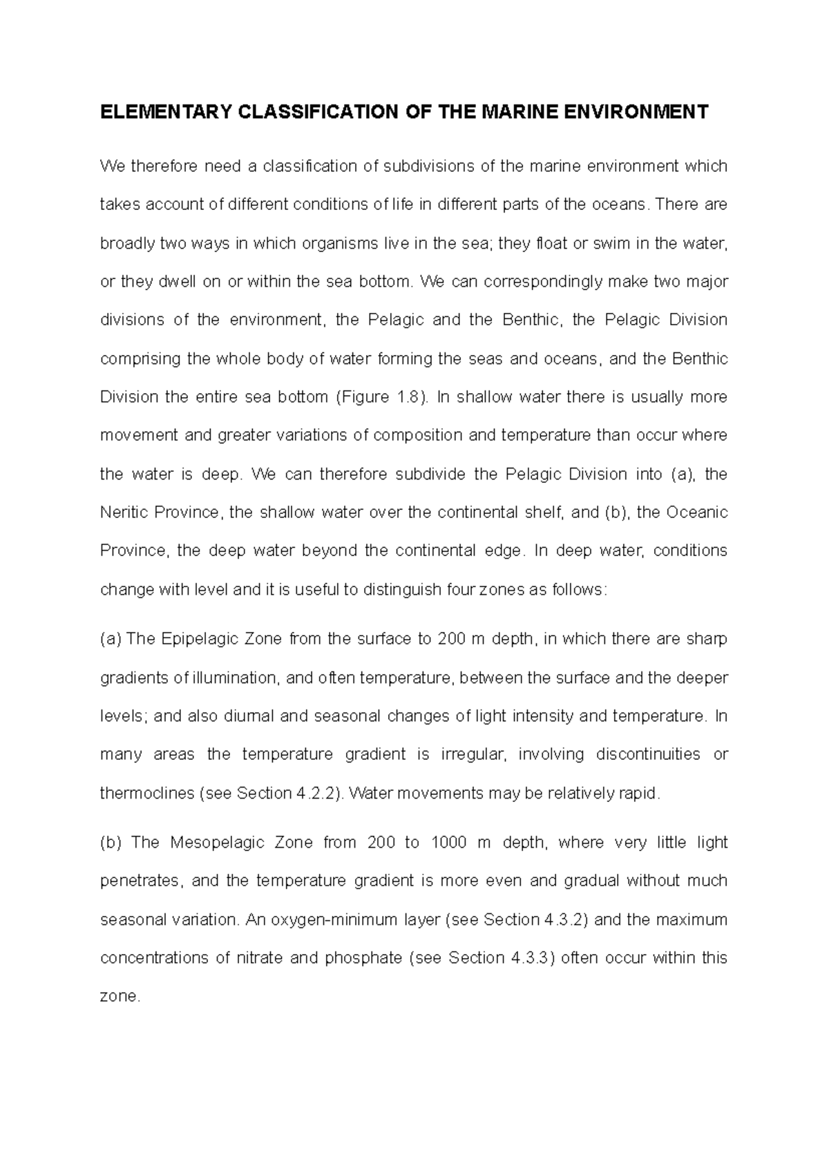 Lecture Notes Elementary Classification OF THE Marine Environment ...