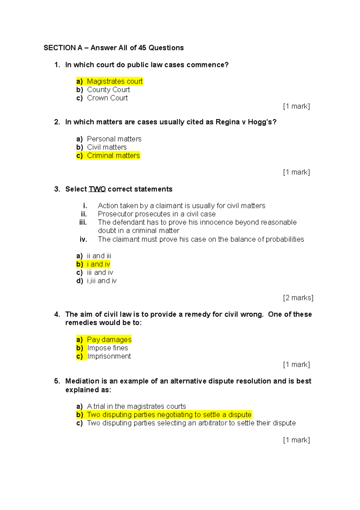 FINAL May 2019 - SECTION A – Answer All of 45 Questions In which court ...