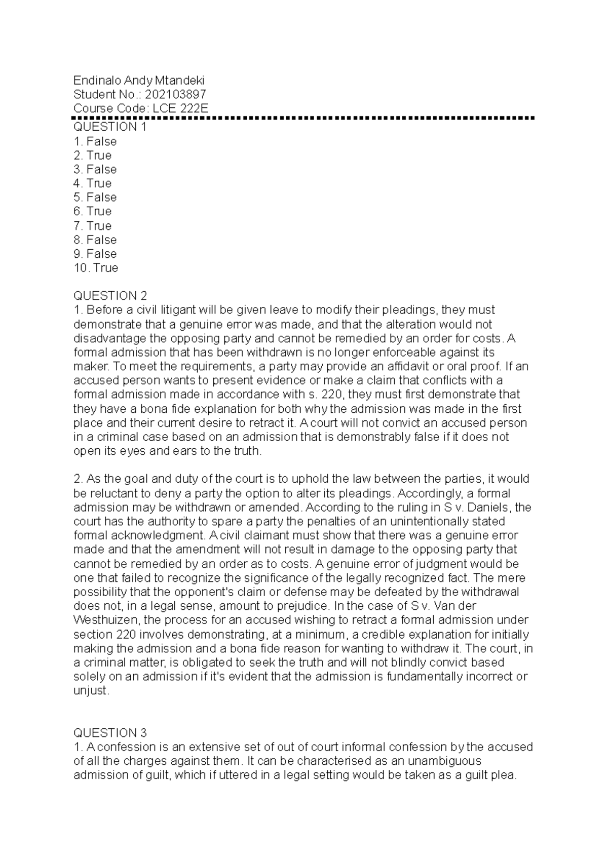 Law of evidence Test - Endinalo Andy Mtandeki Student No.: 202103897 ...