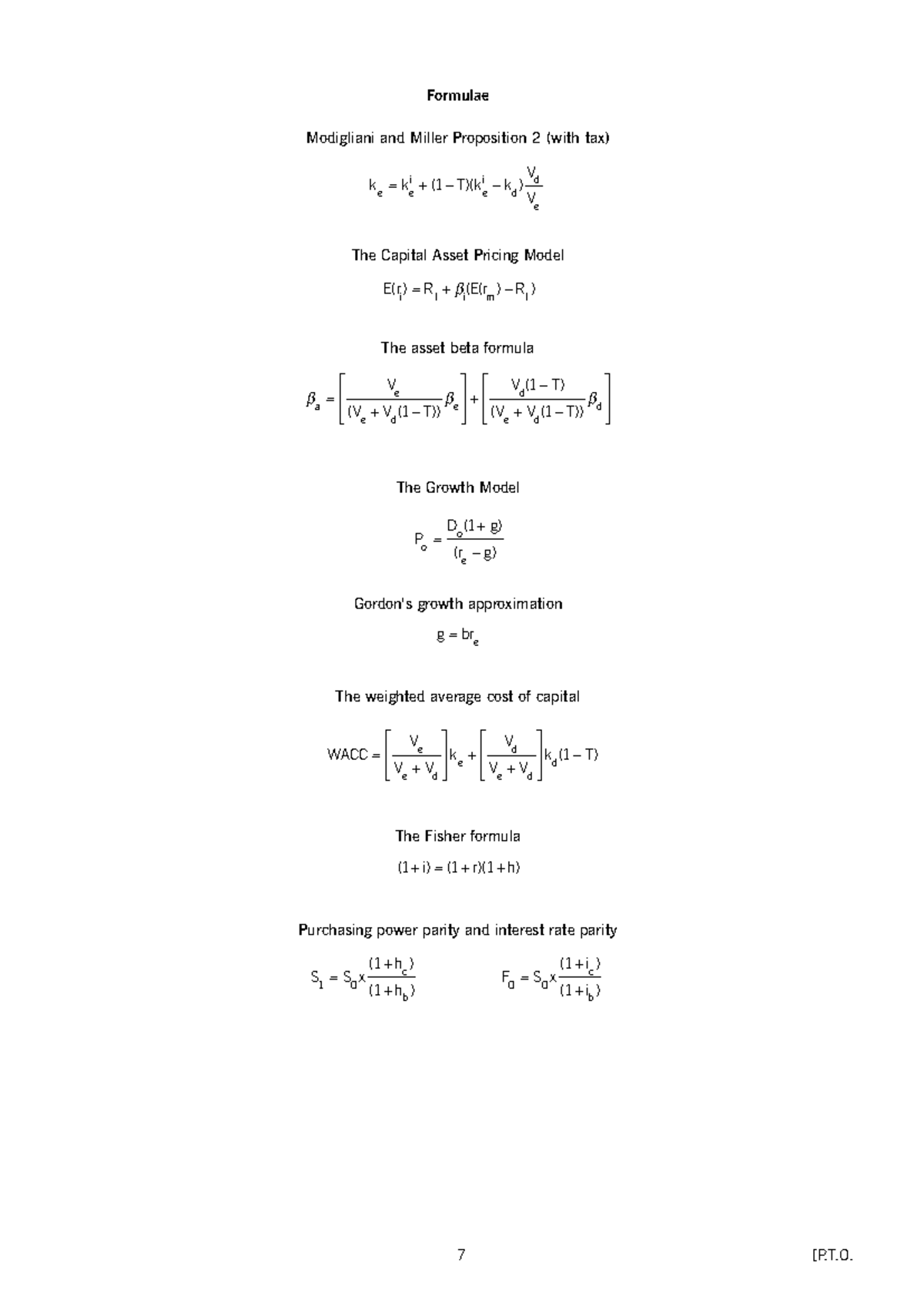 Formula sheet & Tables - 7 [P.T. Formulae Modigliani and Miller ...