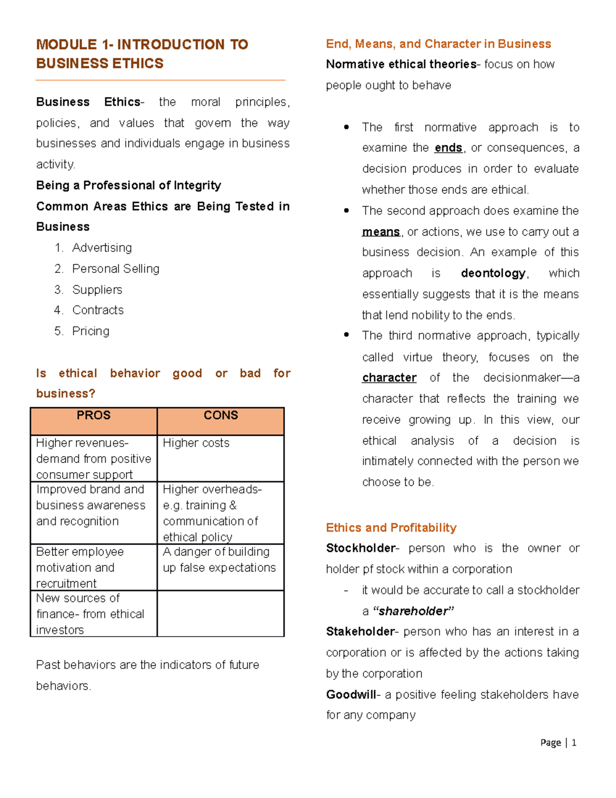 Module Notes - FAR - MODULE 1- INTRODUCTION TO BUSINESS ETHICS Business ...