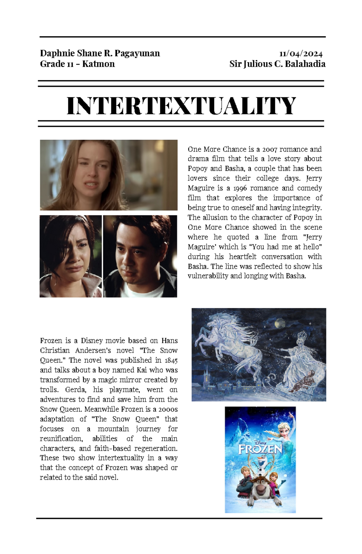 Rnw intertextuality - INTERTEXTUALITY Daphnie Shane R. Pagayunan Grade ...