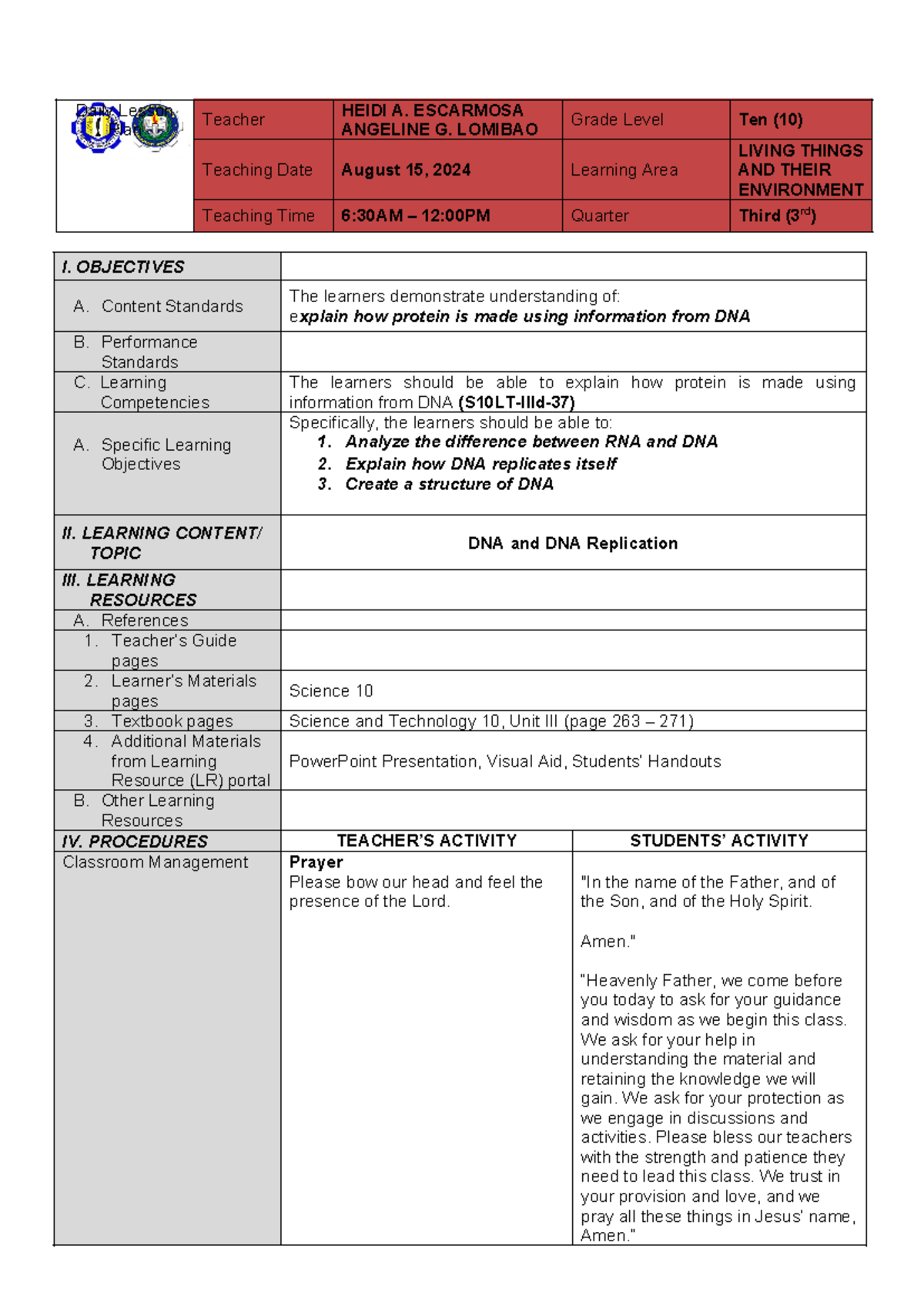 G12 3rd-quarter dna - Detailed Lesson Plan - Daily Lesson Plan Teacher ...