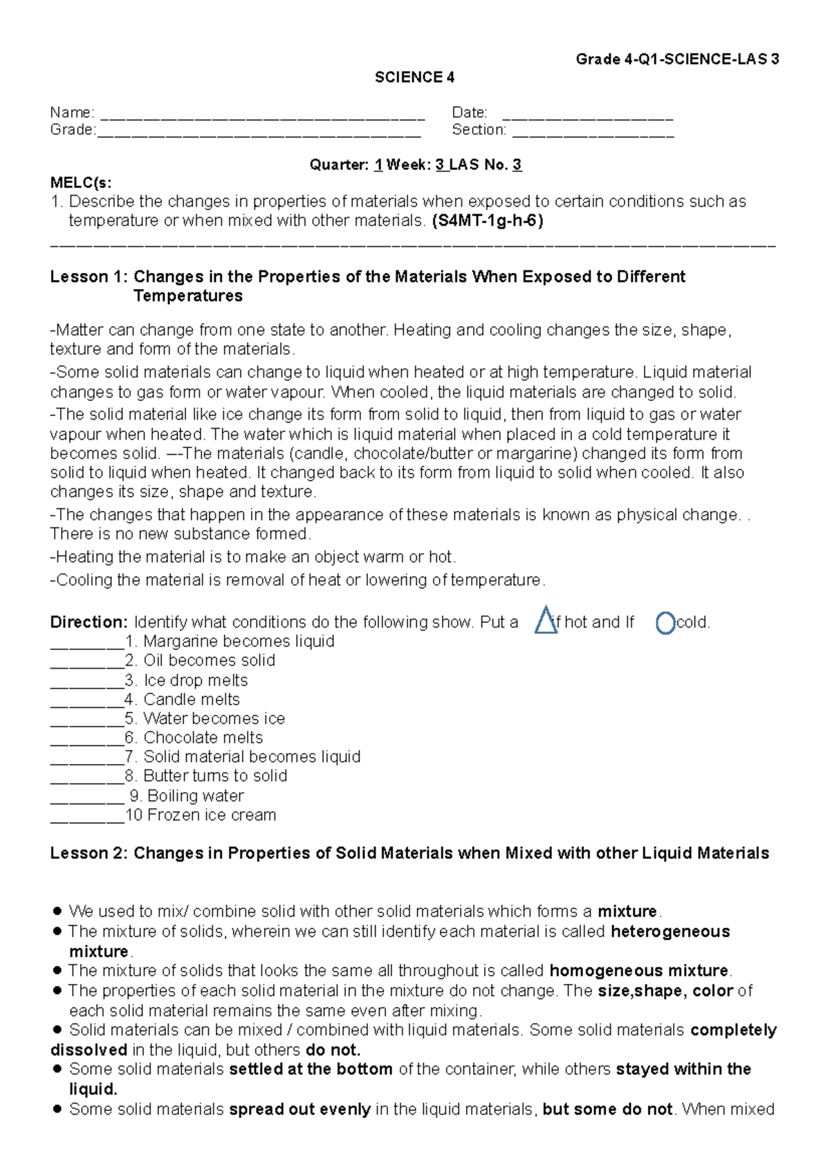 Grade 4 Q1 Science LAS Week 3 - Grade 4-Q1-SCIENCE-LAS 3 SCIENCE 4 Name ...