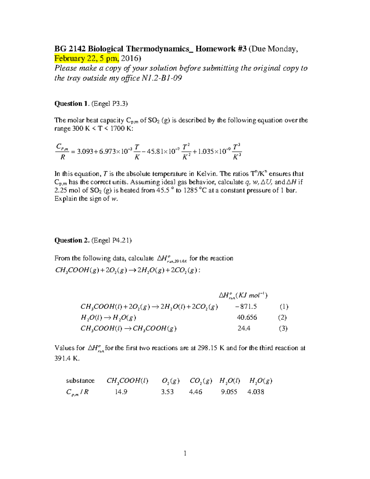 BG2142 Homework-#3 - Homework 3 - 1 BG 2142 Biological Thermodynamics ...