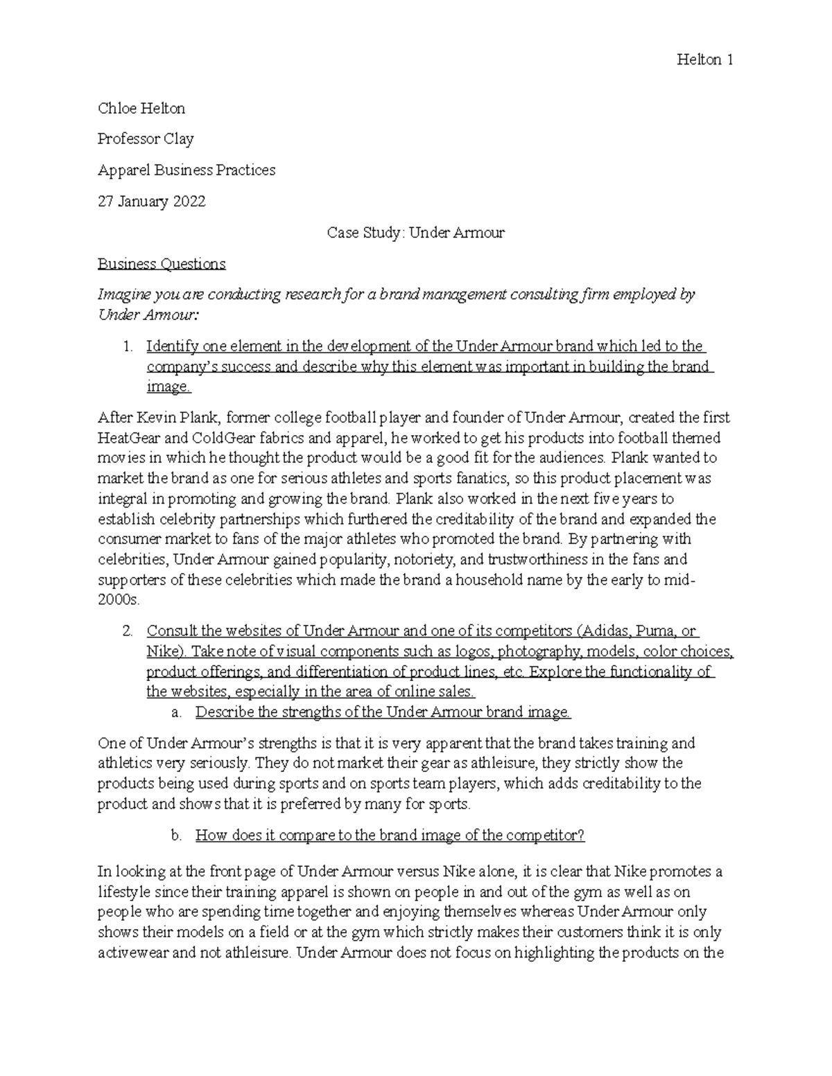 Case study ATT 4670 Exam - Chloe Helton Professor Clay Apparel Business ...