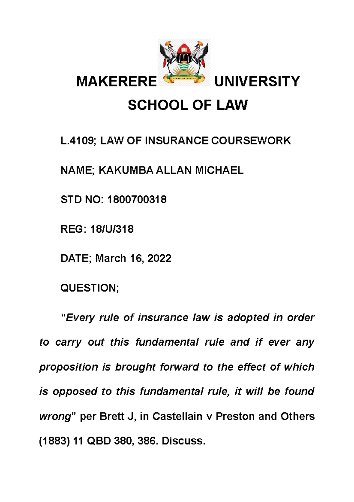 Insurance law coursework question, answered as part of the fulfillment ...