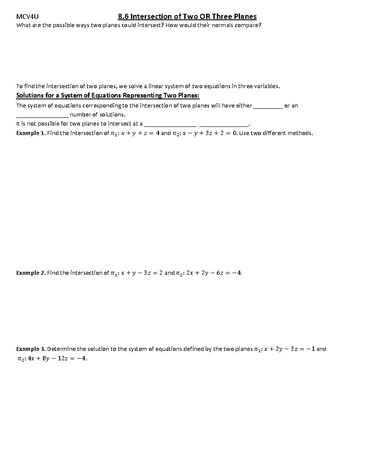 8 6 Intersection Of Two Or Three Planes Mcv4u 8 Intersection Of Two Or Three Planes What Are