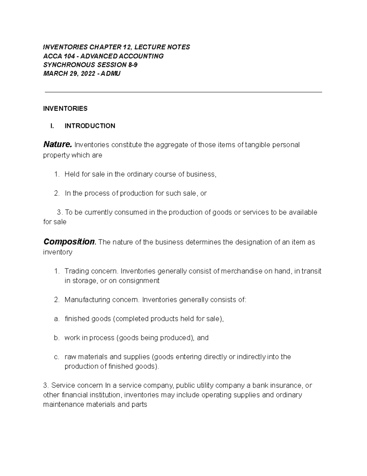 Inventory Lecture Notes and Study Guide - INVENTORIES CHAPTER 12 ...
