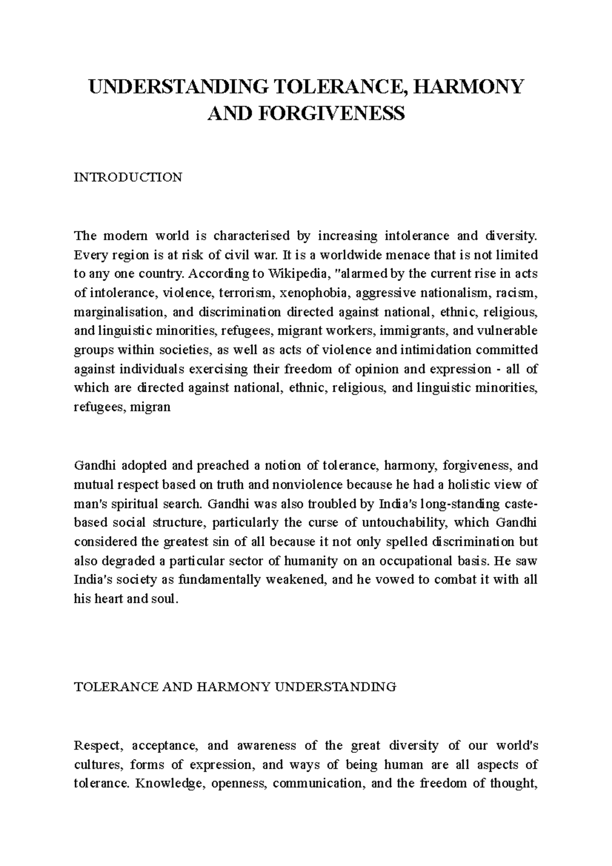 Understanding Tolerance, Harmony AND Forgiveness - UNDERSTANDING ...