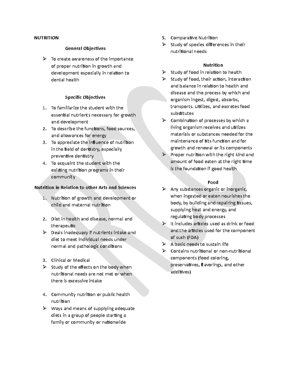 Nutrition - NUTRITION General Objectives To create awareness of the ...
