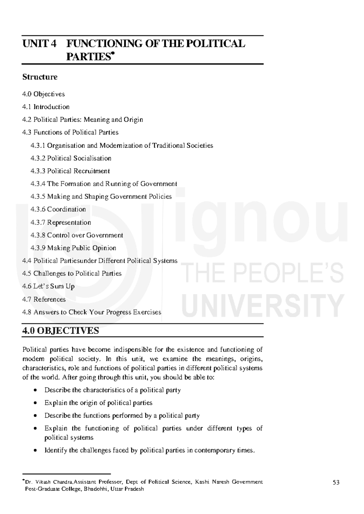 Unit-4 - UNIT 4 FUNCTIONING OF THE POLITICAL PARTIES Structure 4 Objectives 4 Introduction 4 ...