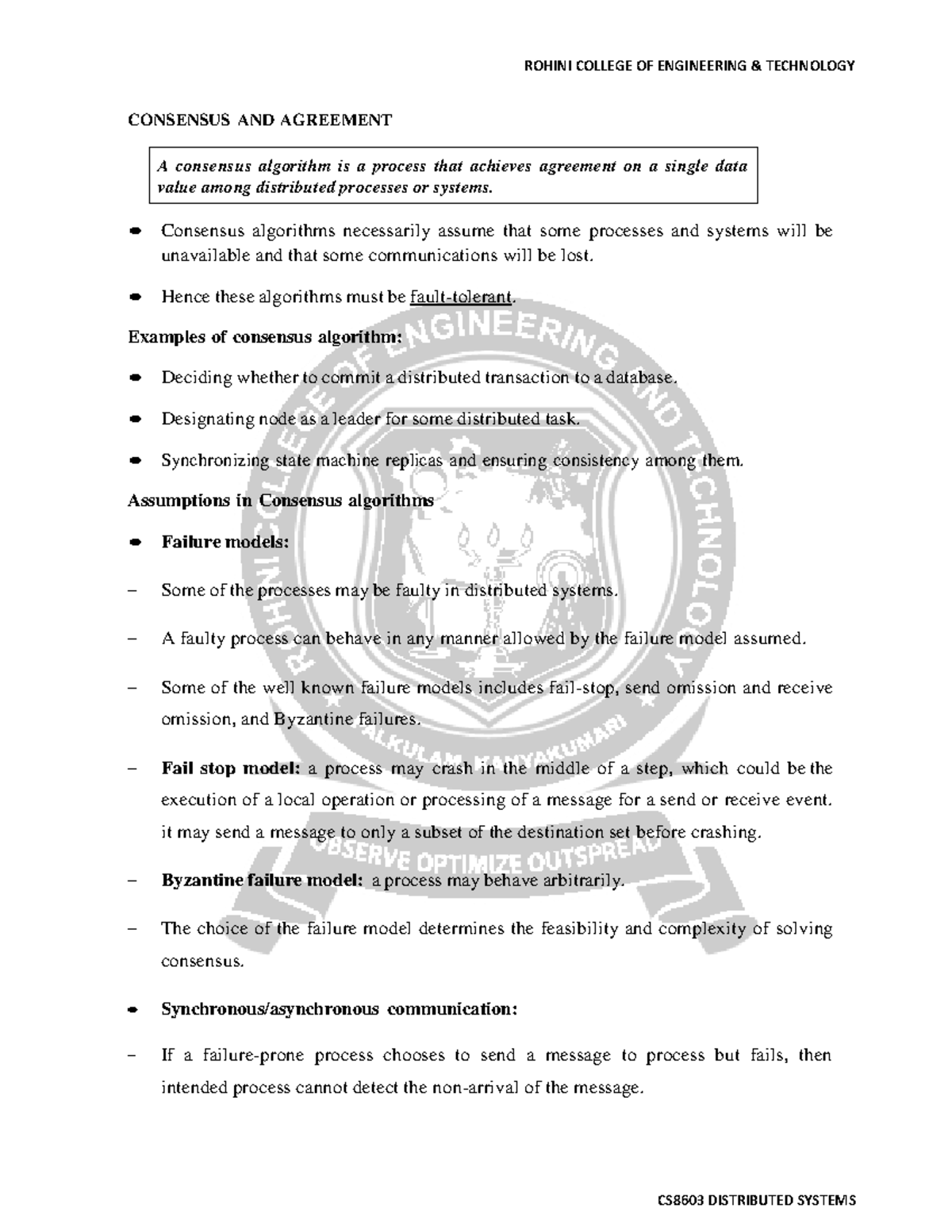 14 a and b - Notes - CONSENSUS AND AGREEMENT Consensus algorithms ...
