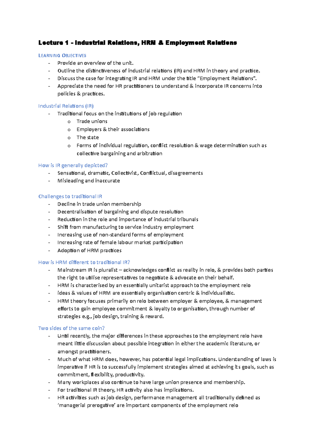 Lec 1 2040 Lecture Notes 1 Lecture 1 Industrial Relations Hrm