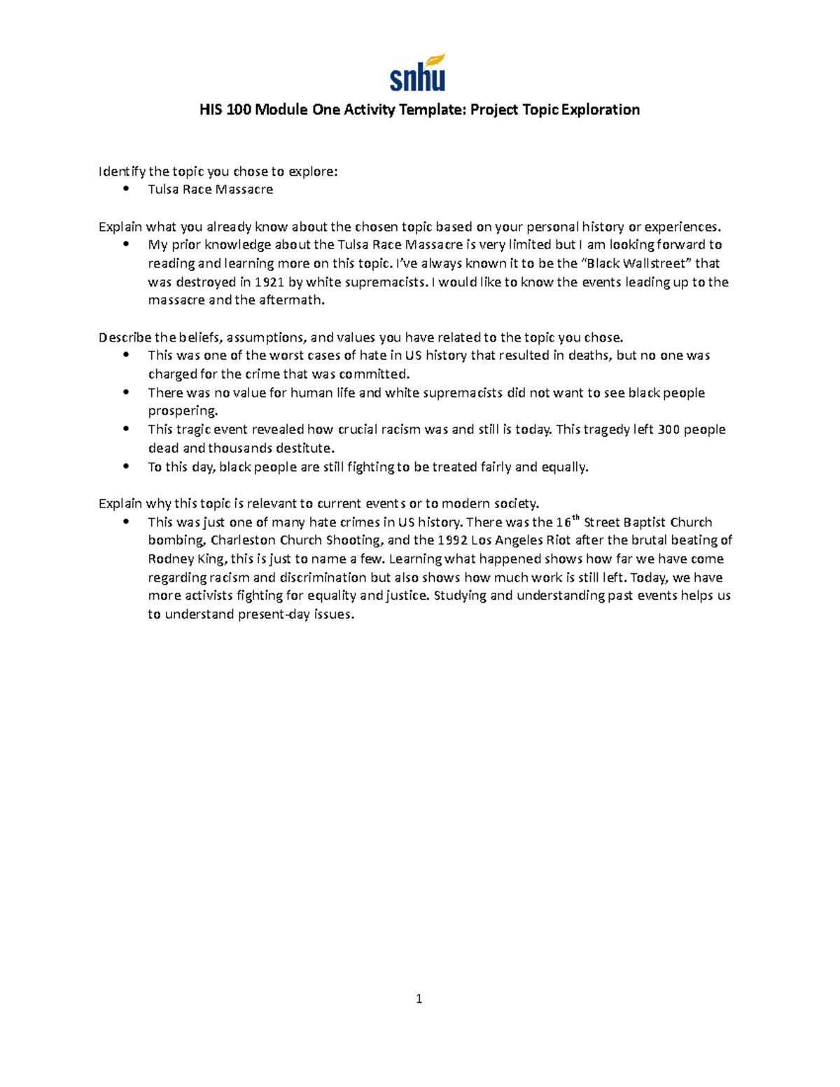 Project Topic Exploration - HIS 100 Module One Activity Template ...