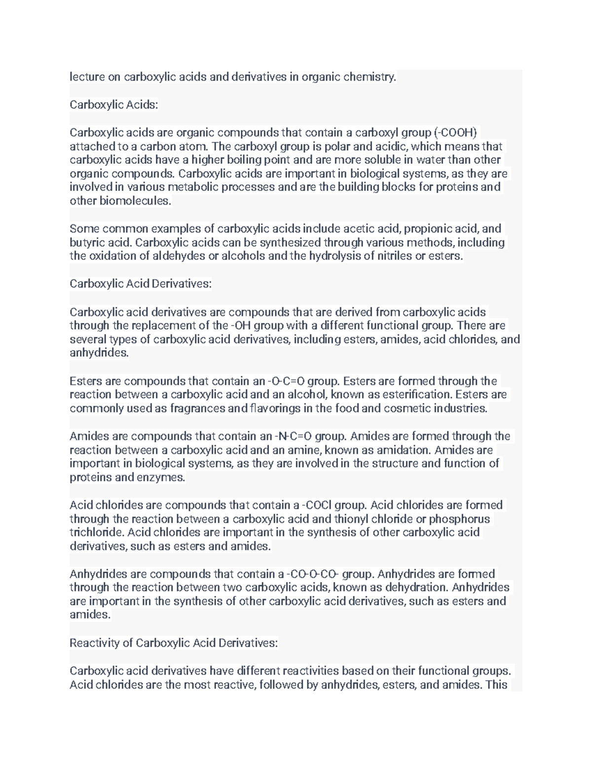 Lecture on carboxylic acids and derivatives in organic chemistry ...