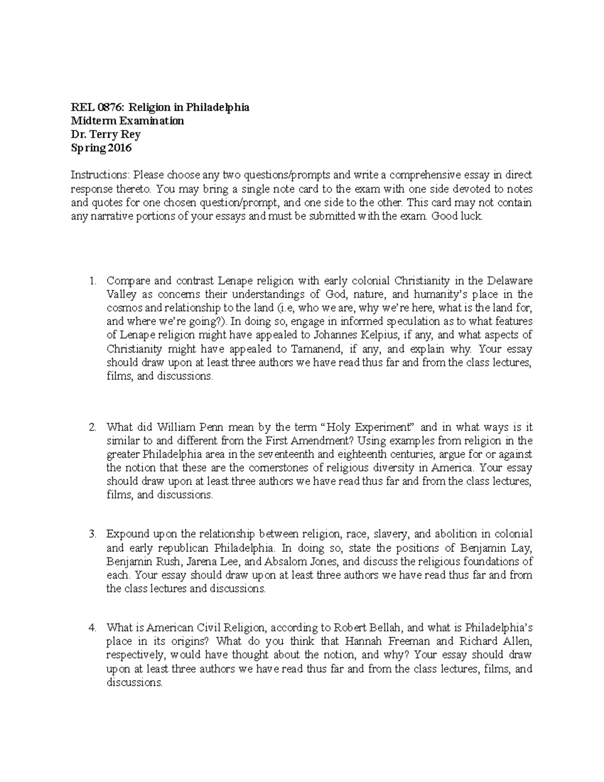 REL 0876 midterm sp 2016 - REL 0876: Religion in Philadelphia Midterm ...