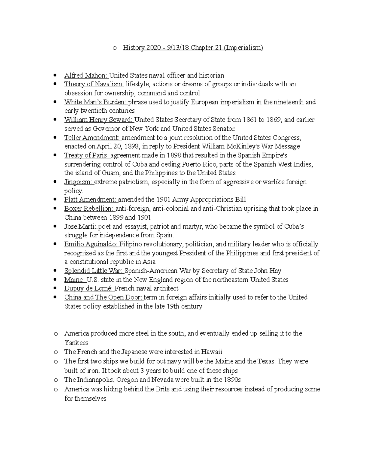 History 2020 Chapter 21 (Imperialism) - o History 2020 - 9/13/18 ...