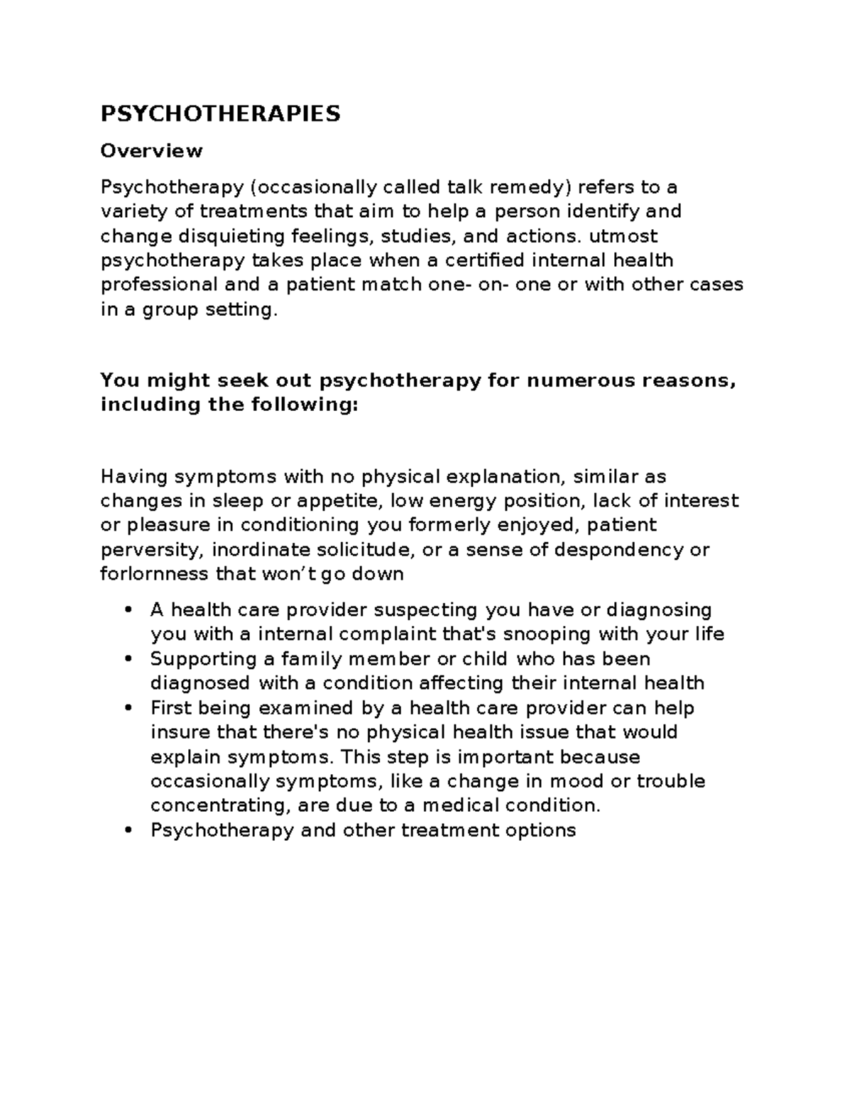 Psychotherapies - counseling - PSYCHOTHERAPIES Overview Psychotherapy ...