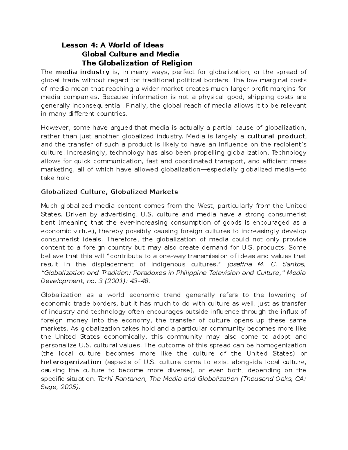 Lesson 4: A World of Ideas Global Culture and Media The Globalization ...