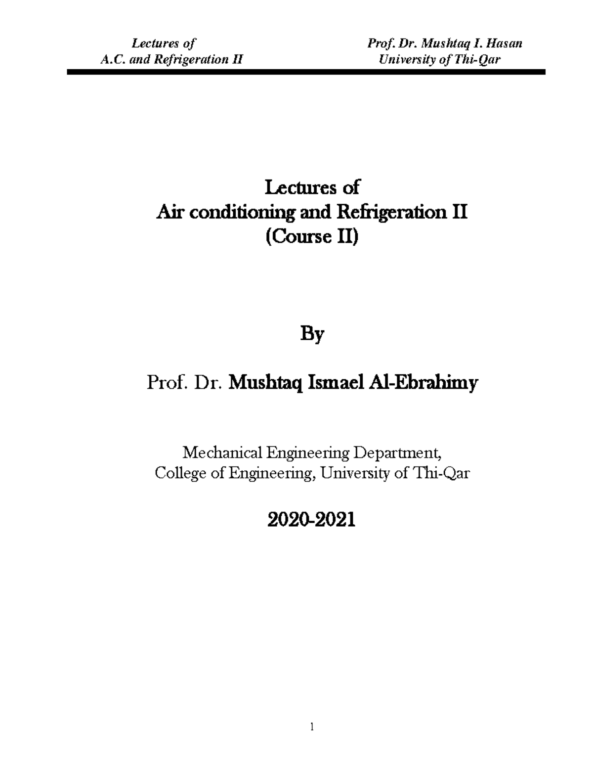 Lectures of AC-course 2 - A. and Refrigeration II University of Thi-Qar ...