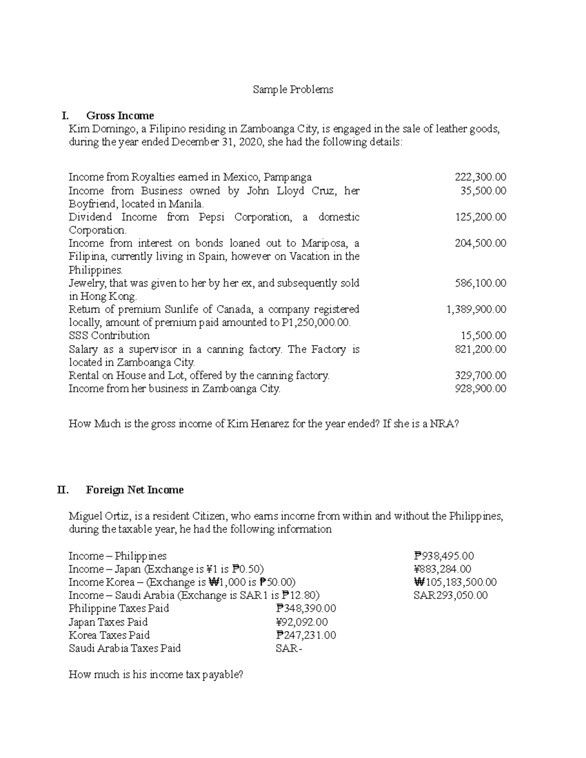 Sample Problem Accounting Taxation 1 - Sample Problems I. Gross Income ...