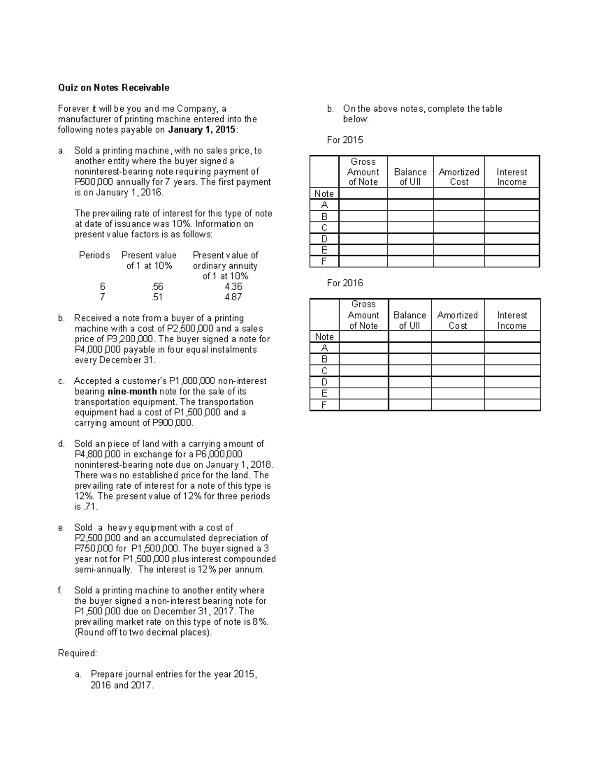 Seatwork on Notes Receivable and Receivable Financing - Quiz on Notes ...