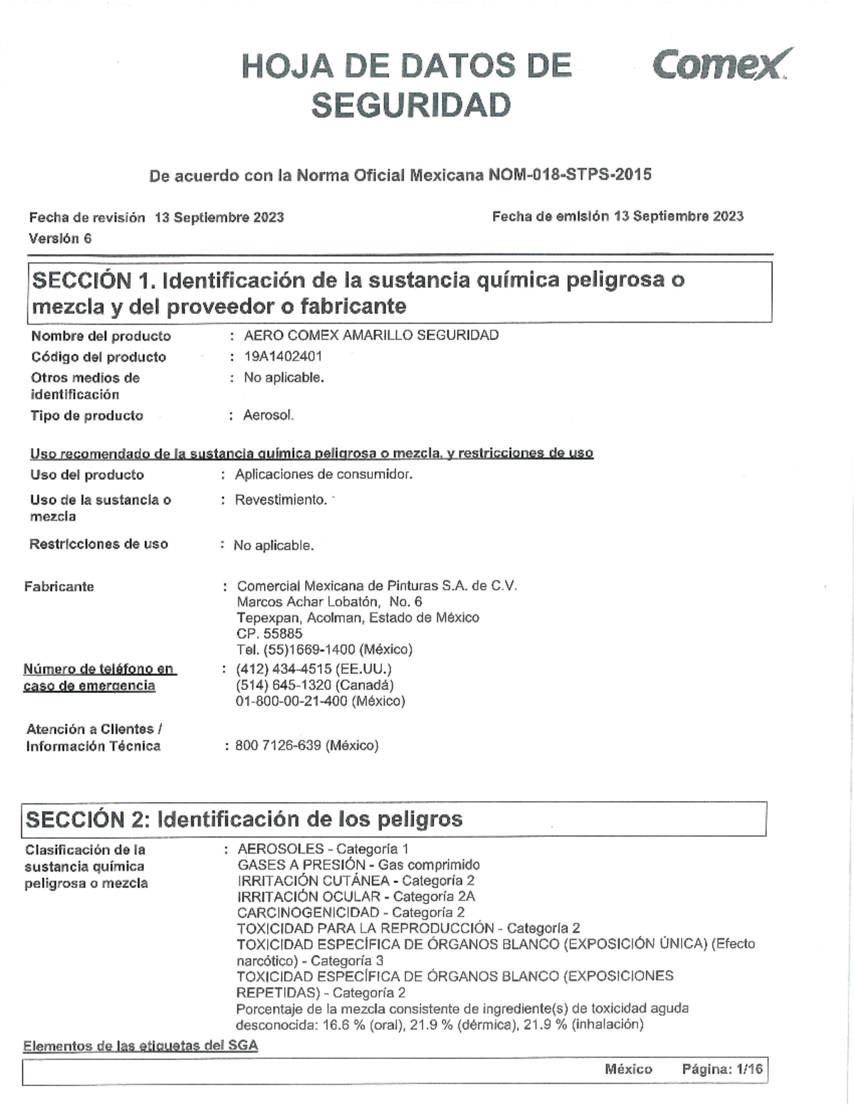 HDS Pintura Aerosol Amarillo - HOJA DE DATOS DE Comex SEGURIDAD De ...