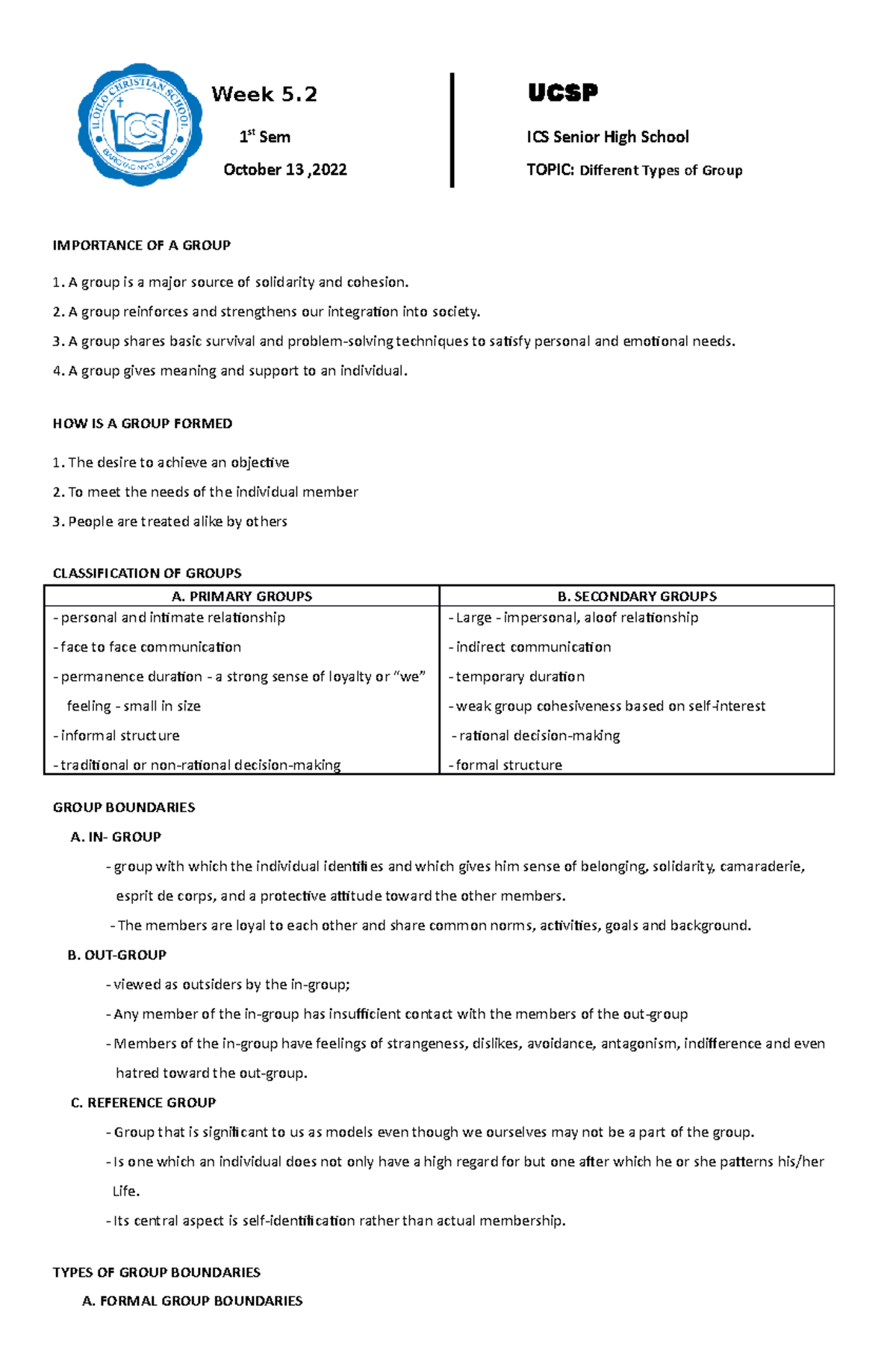 Week 5. 2 UCSP - Different Types of Group - Week 5 UCSP 1 st Sem ICS Senior High School October ...