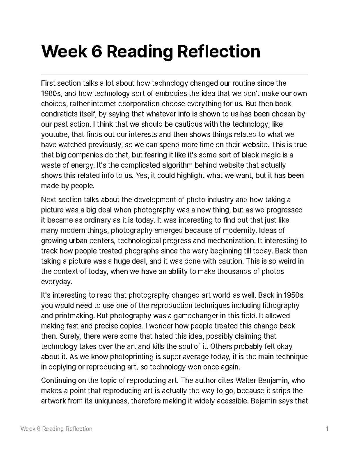 Week 6 Reading Reflection - Week 6 Reading Reflection 1 Week 6 Reading ...