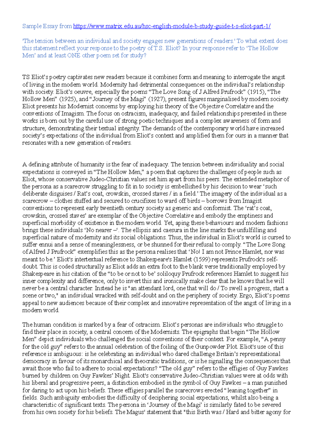 Eliot Essay- ENGLISH ADV - Sample Essay from - Studocu