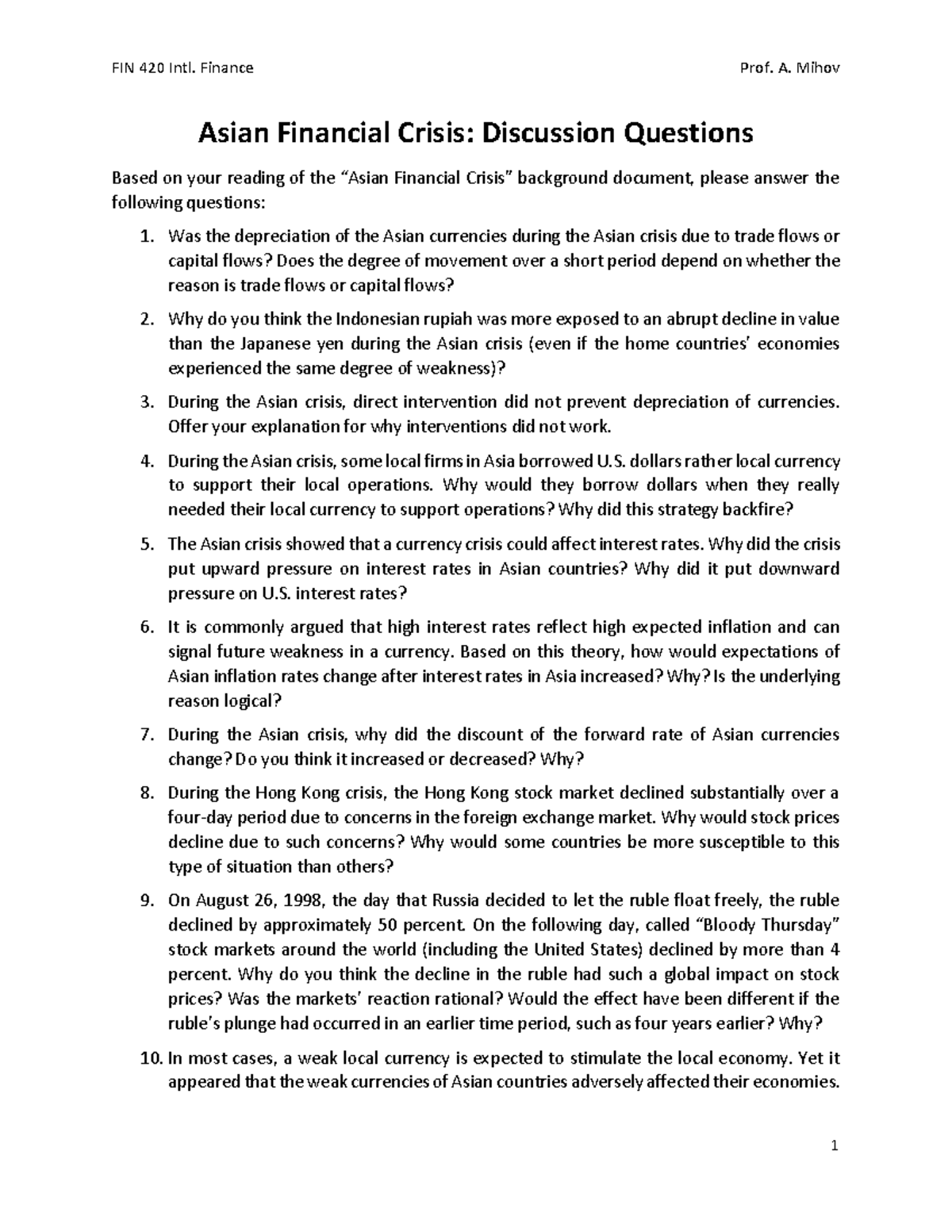 Asian Crisis - Questions - FIN 420 Intl. Finance Prof. A. Mihov 1 Asian ...