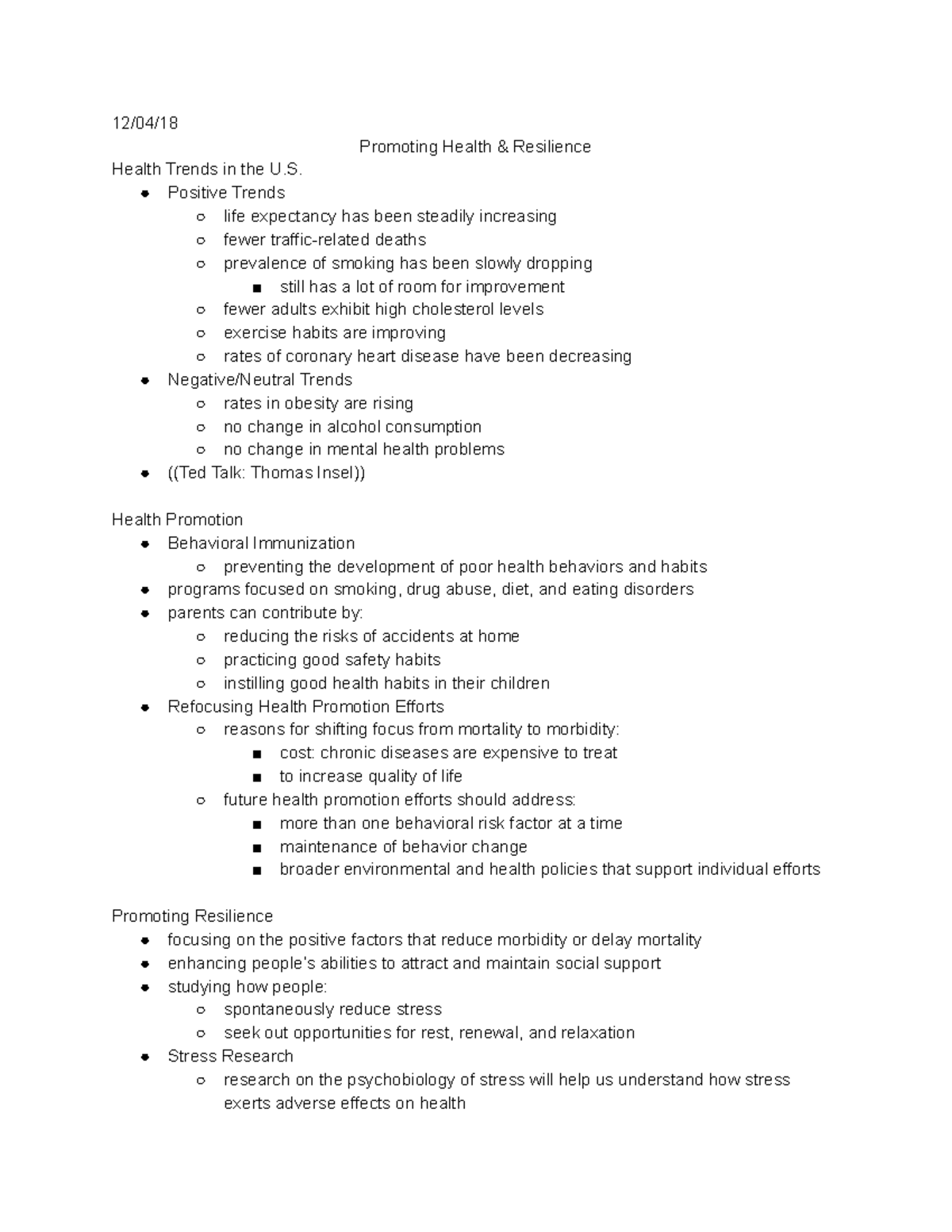Health Psych - Week 10 - 12/04/ Promoting Health & Resilience Health ...