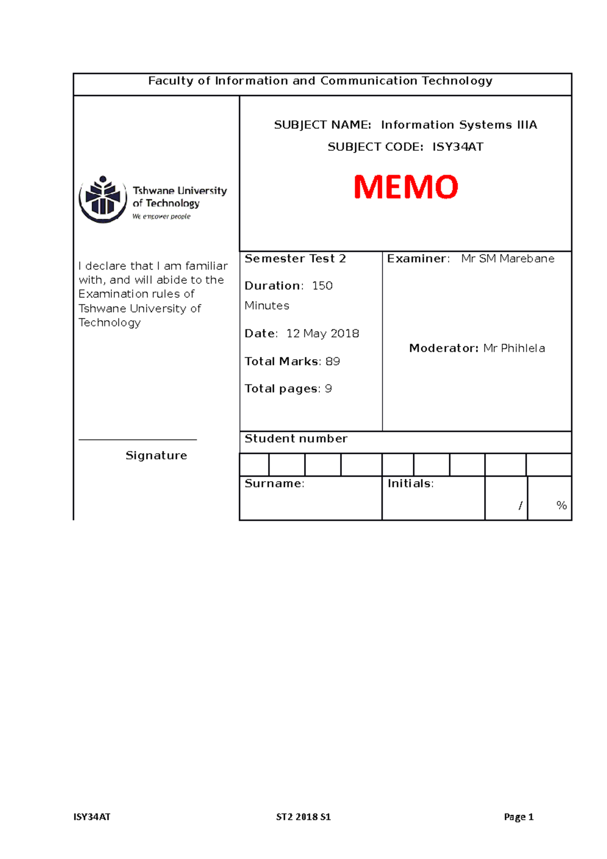 ISY34AT ST2 S1 2018 MEMO moderated-1 - Faculty of Information and ...