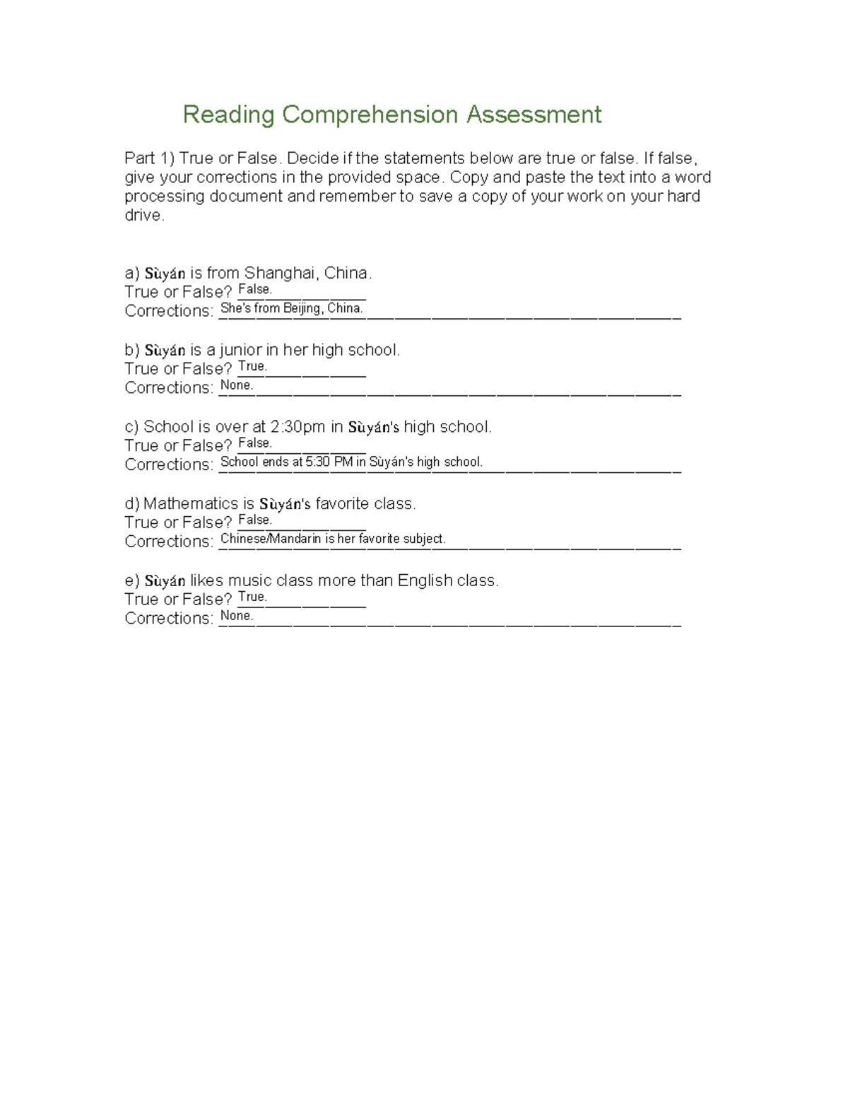 Chinese 2 - .... - Reading Comprehension Assessment Part 1) True or ...