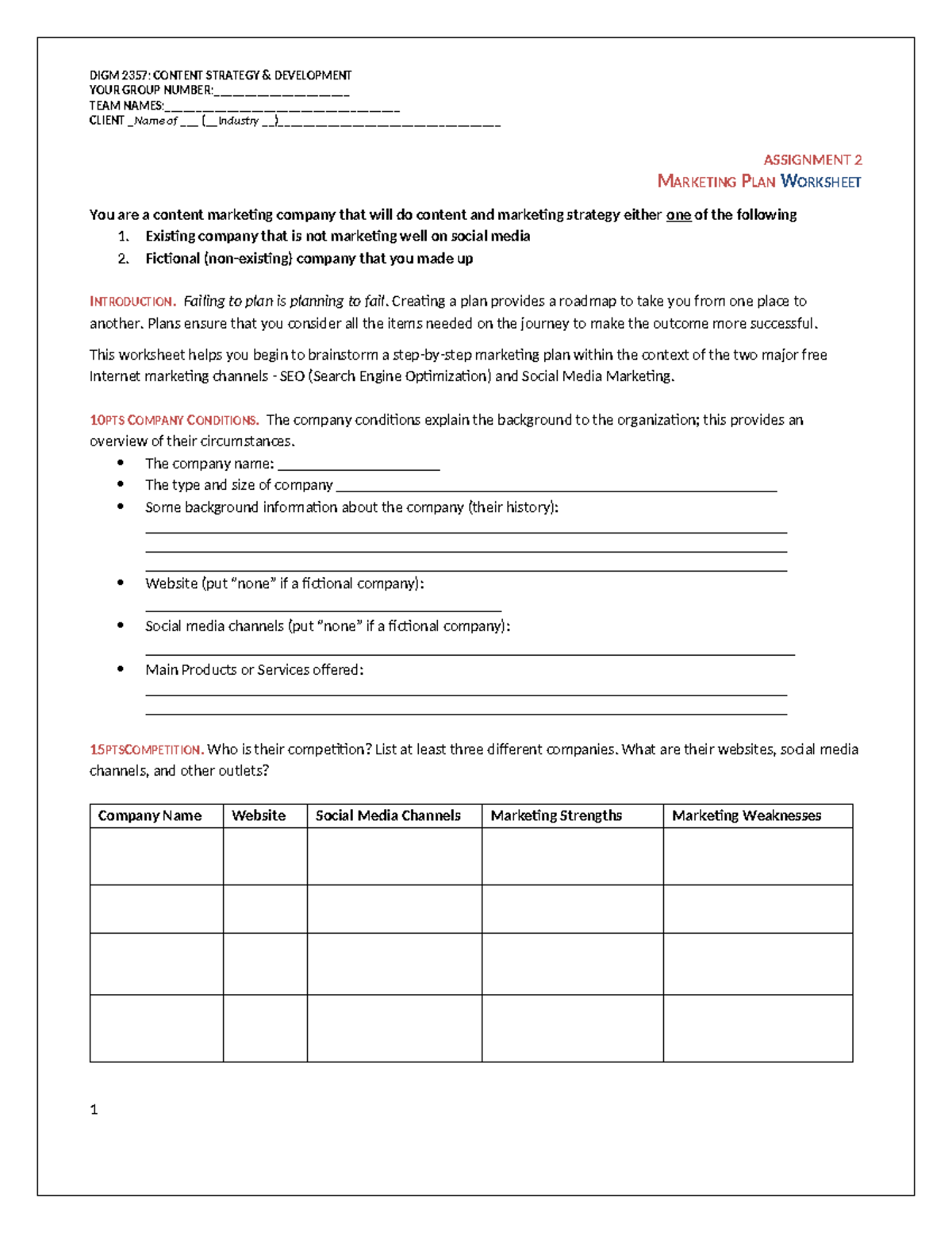 Assign 2 Marketing Plan Worksheet - DIGM 2357: CONTENT STRATEGY ...