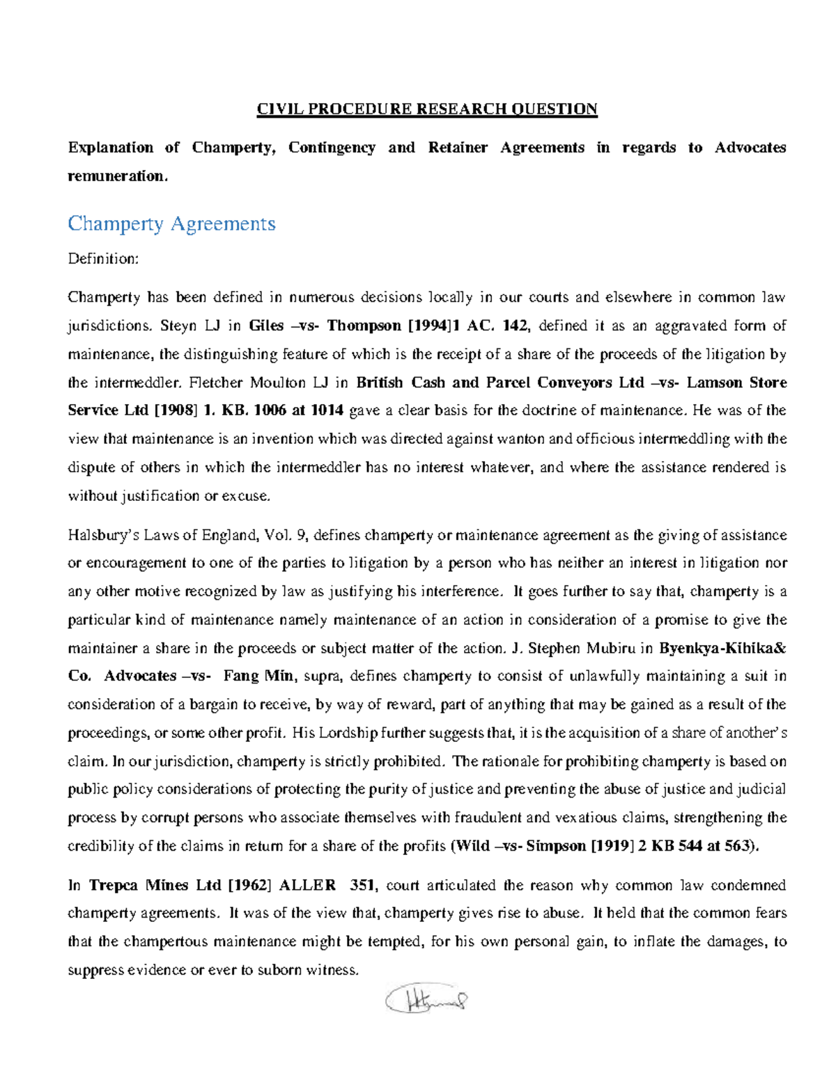Research on Champerty, Contigency & Retainer Aggrements By Kakuru ...
