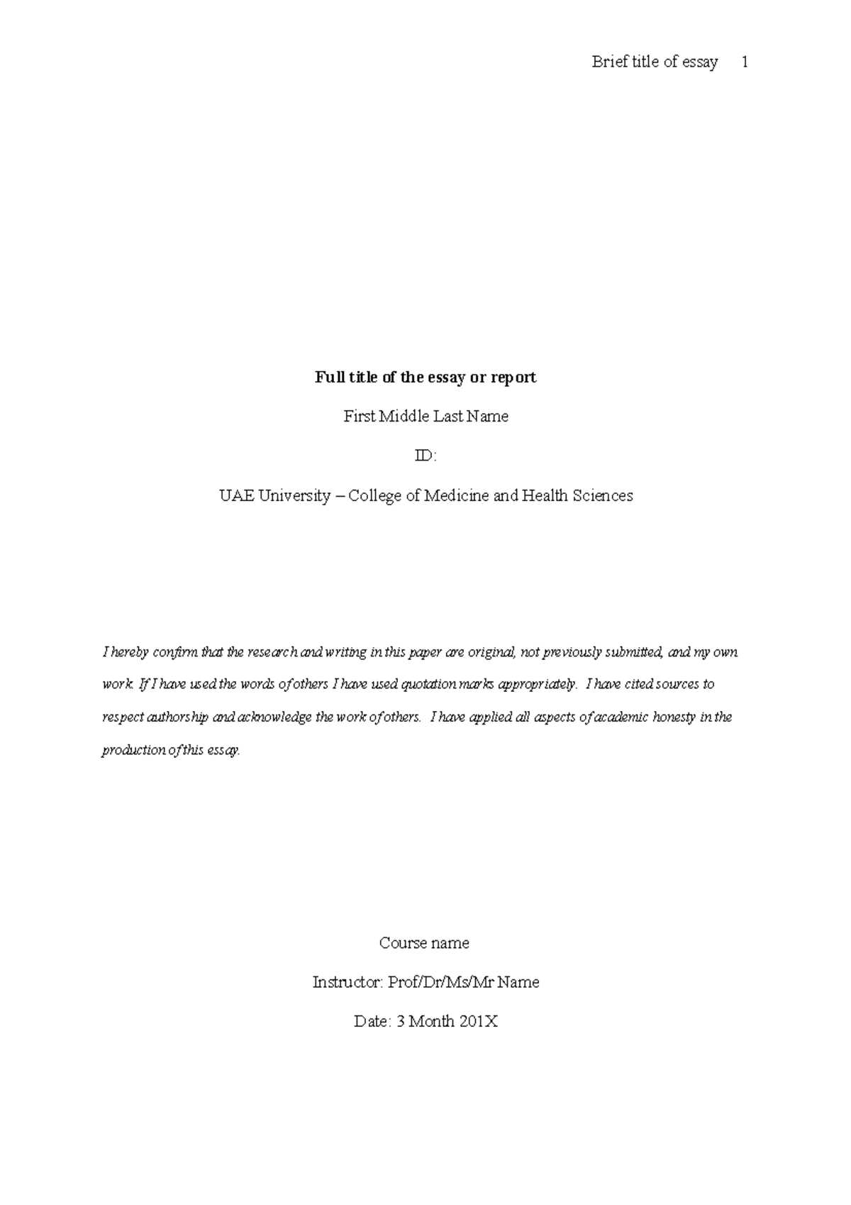 APA Format general essay template updated - Brief title of essay 1 Full ...