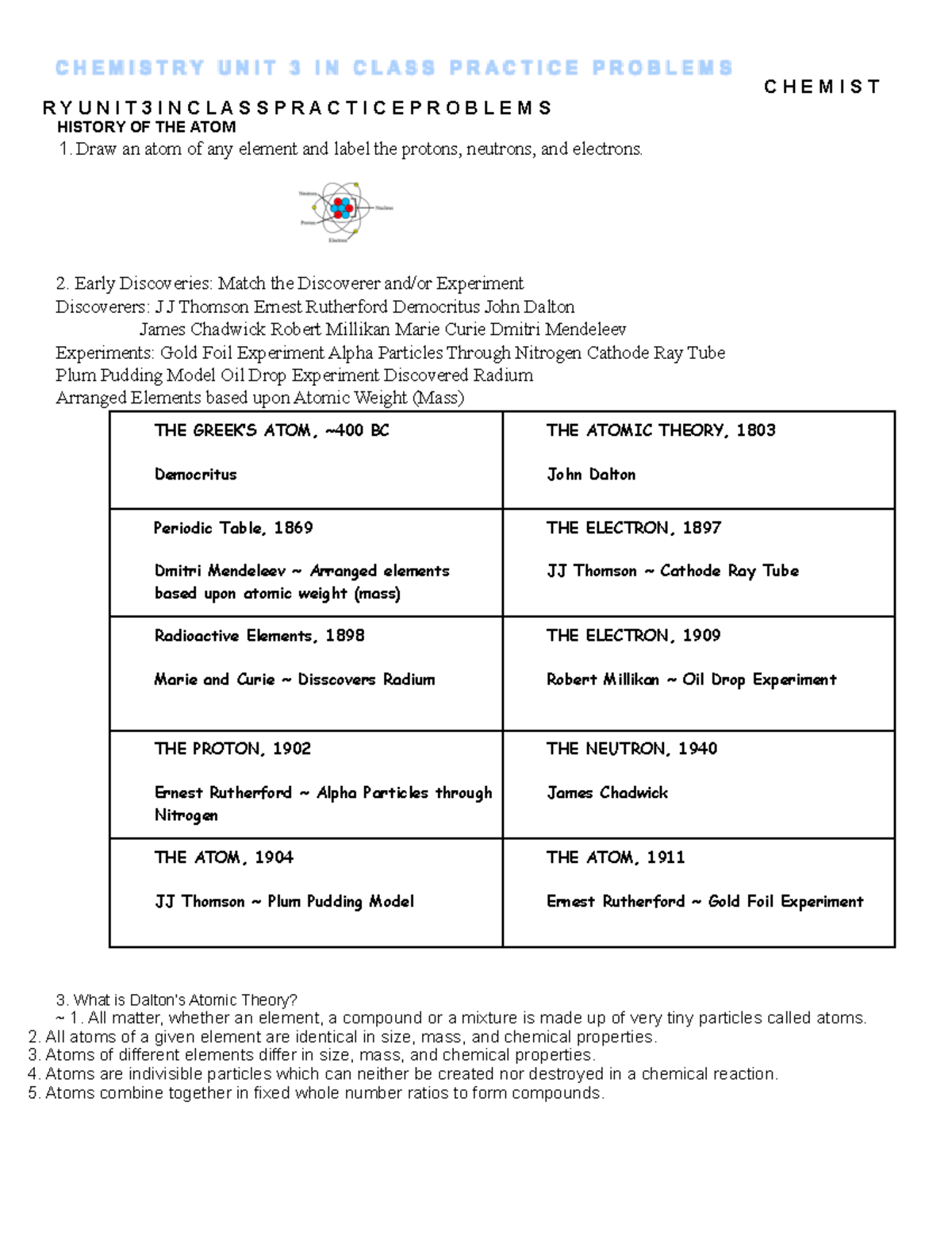 Unit 3 Practice - ASSIGNMENT - C H E M I S T R Y U N I T 3 I N C L A S ...