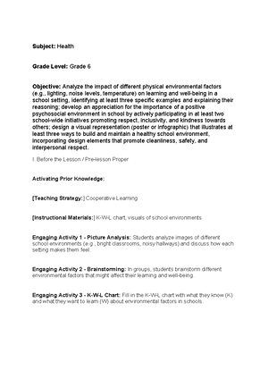 Lesson plan - Subject: Health Grade Level: Grade 6 Objective: Analyze ...