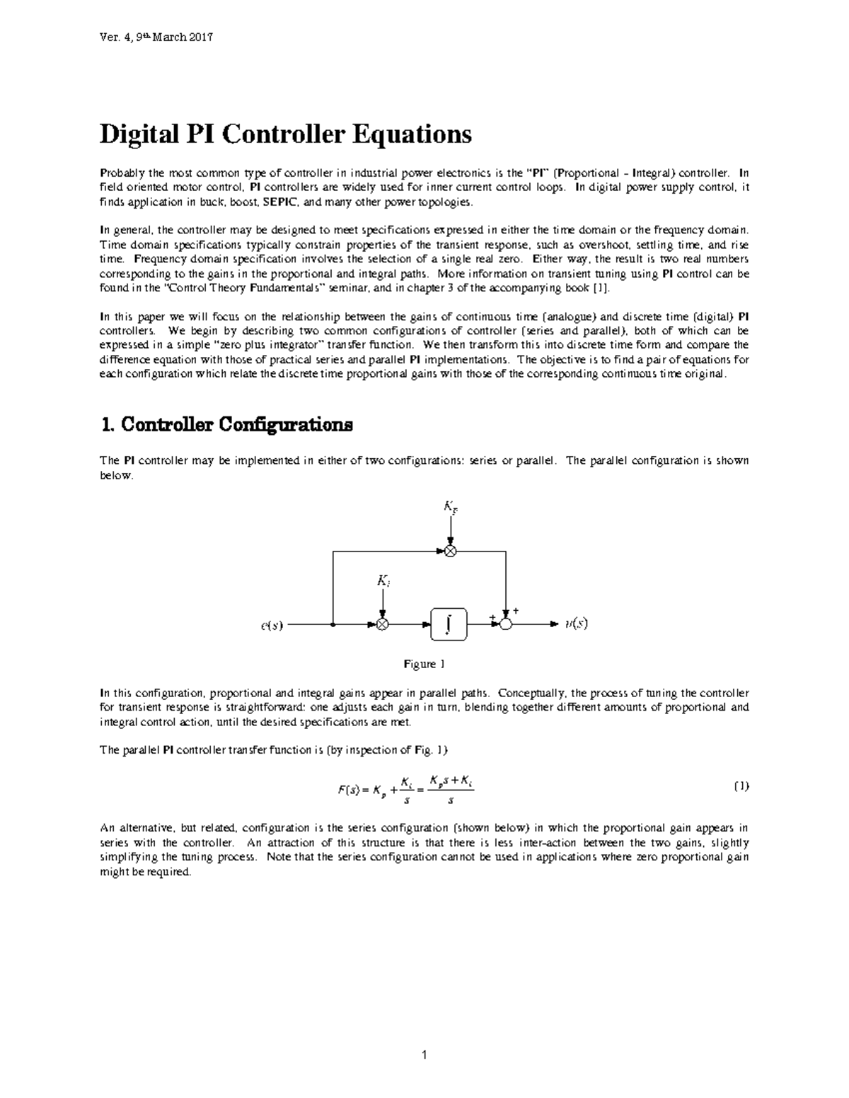 PI controller equations - Ver. 4, 9 th March 2017 Digital PI Controller Equations Probably the ...