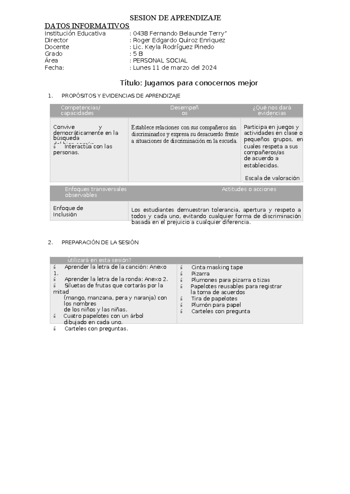 11 de marzo ps Jugamos para conocernos mejor - SESION DE APRENDIZAJE ...
