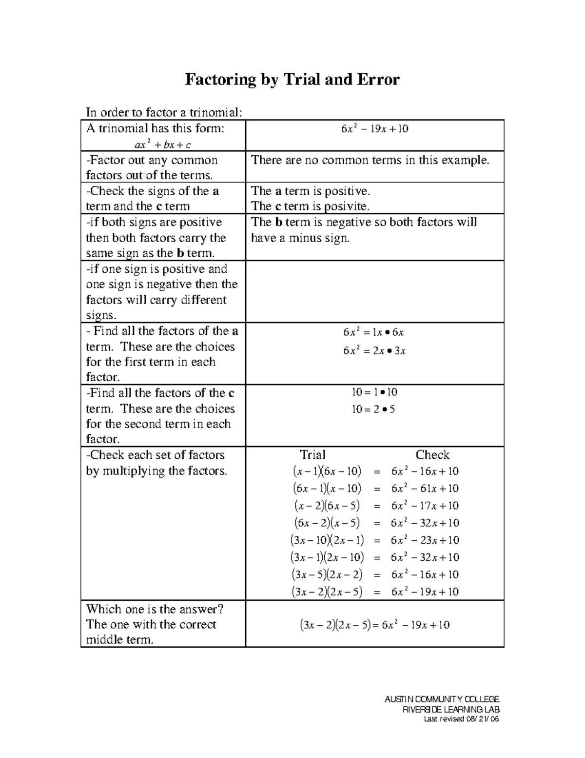 Factoring by Trial and Error - AUSTIN COMMUNITY COLLEGE RIVERSIDE ...