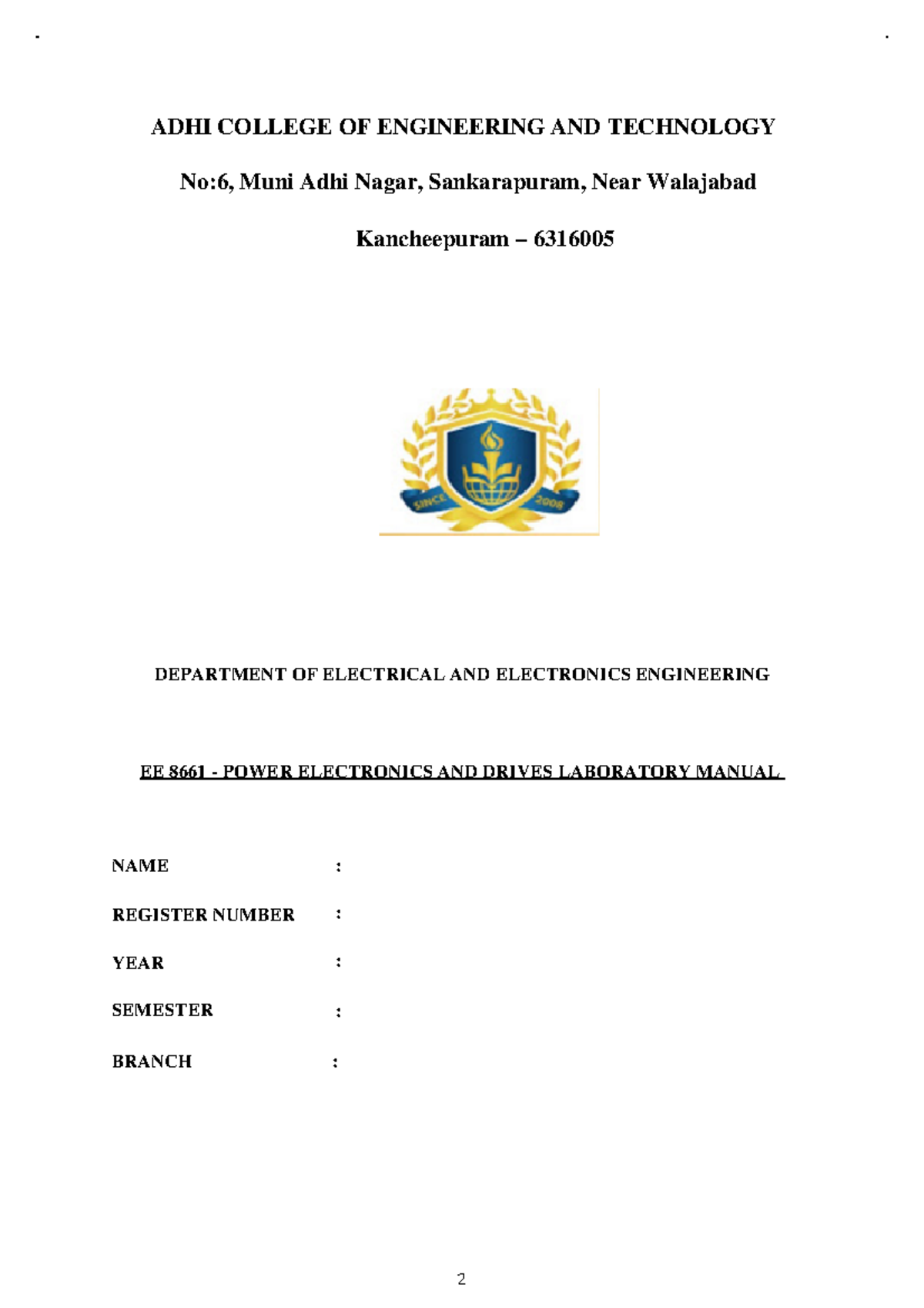 Pdfcoffee - 2 DEPARTMENT OF ELECTRICAL AND ELECTRONICS ENGINEERING NAME : : : REGISTER NUMBER ...