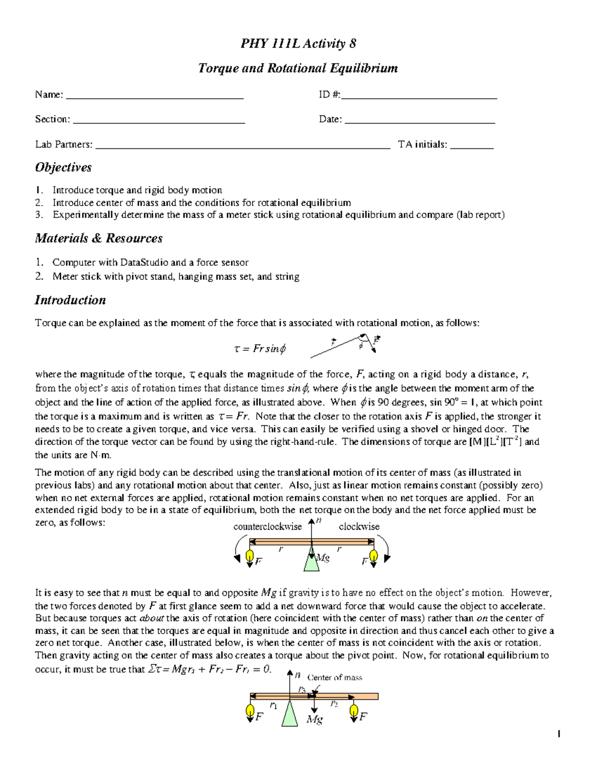 Phy 111 lab 08 - rotational equilibrium - 1 PHY 111L Activity 8 Torque ...